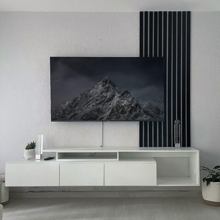 Leslie White Floating Media Unit & Black Slats (Wall Panels) Set - 27 ...
